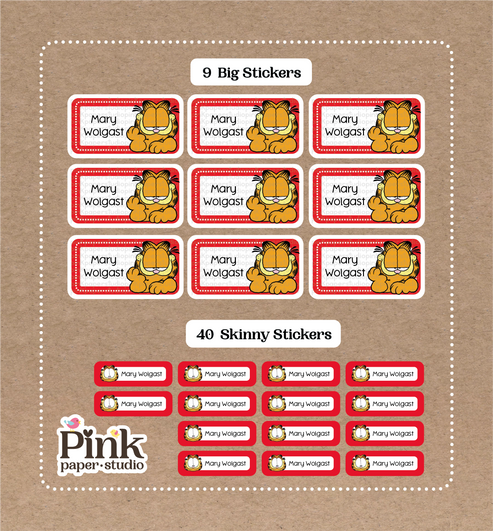Garfield Set • 9 Big School Name Stickers • 40 Skinny Stickers ...