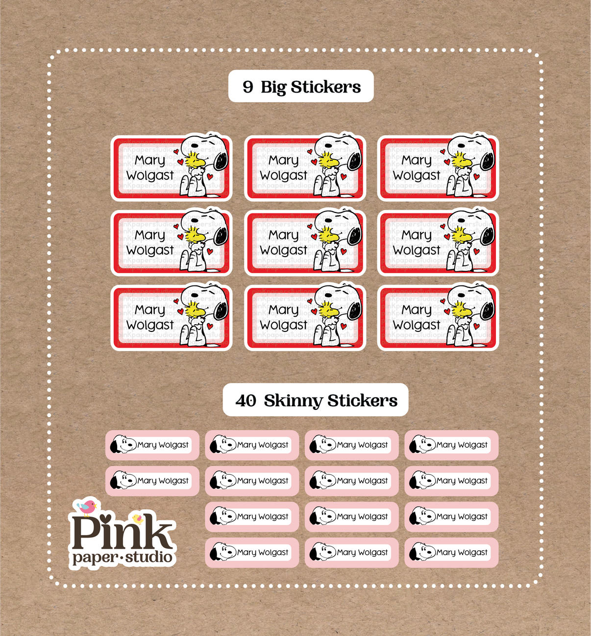 Snoopy Set • 9 Big School Name Stickers • 40 Skinny Stickers ...