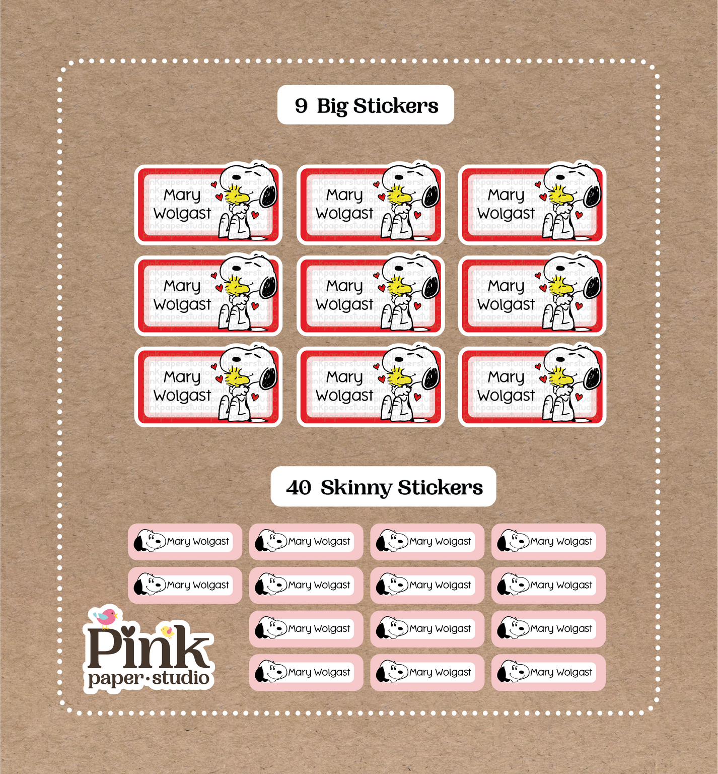 Snoopy Set • 9 Big School Name Stickers • 40 Skinny Stickers ...
